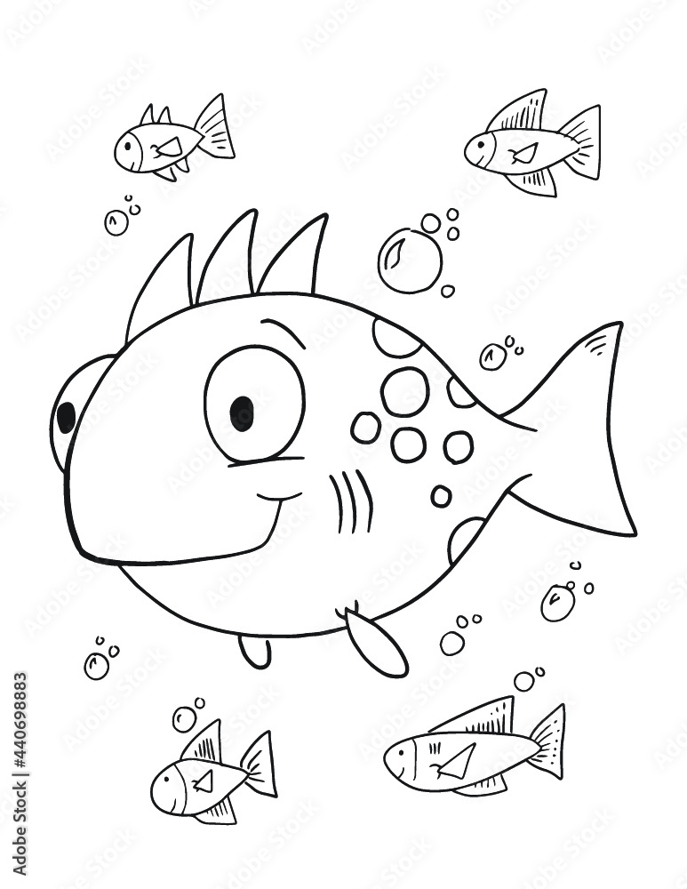 Cute Happy Fish Coloring Page Vector Illustration Art Stock Vector ...