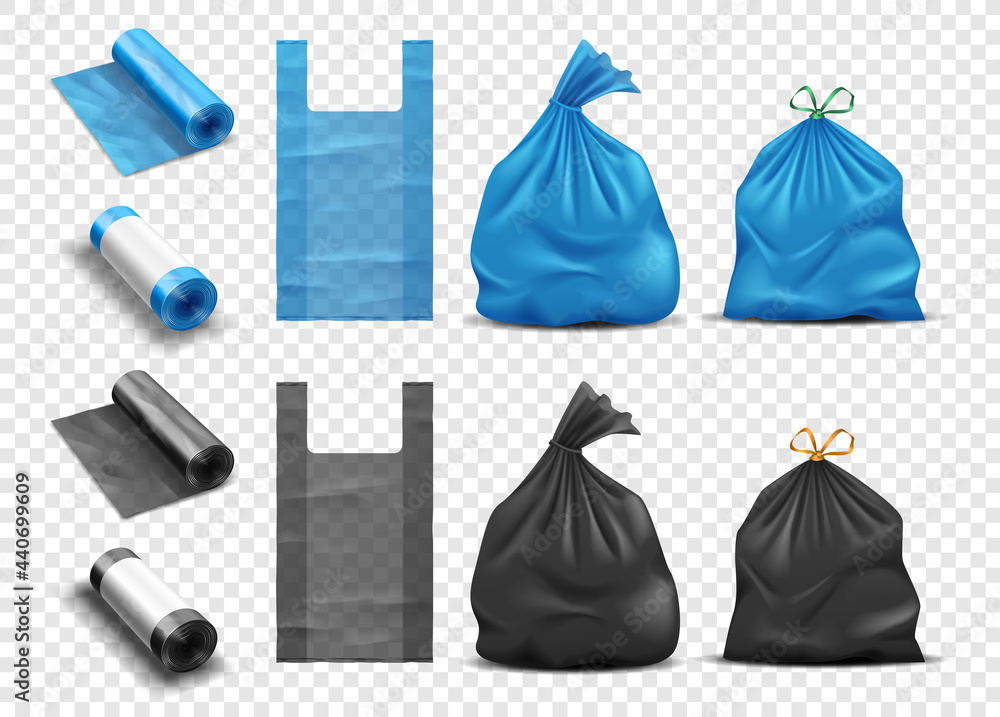 Realistic plastic bags for garbage set. Package for rubbish, full ...