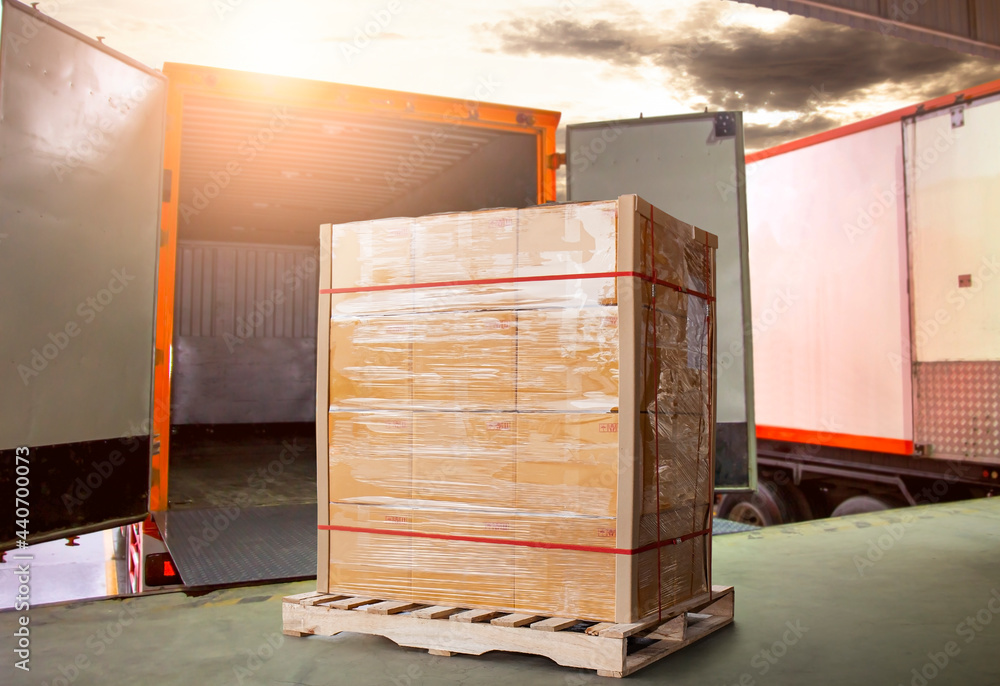 Stacked of Package Boxes on Pallet Load with Cargo Container. Trucks ...