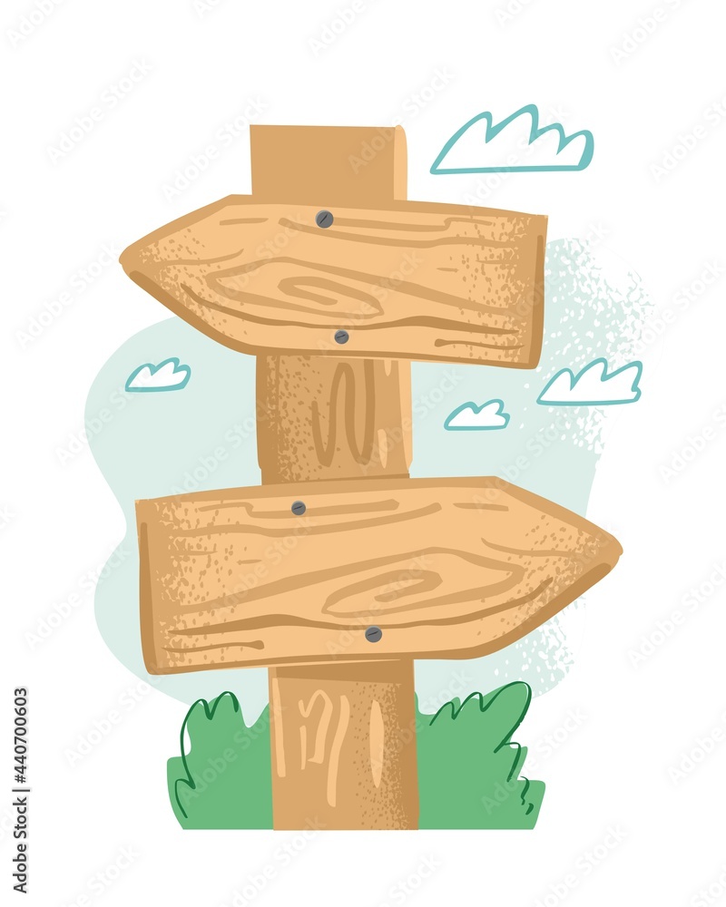 Template of a wooden signpost with arrows on a blue sky background ...