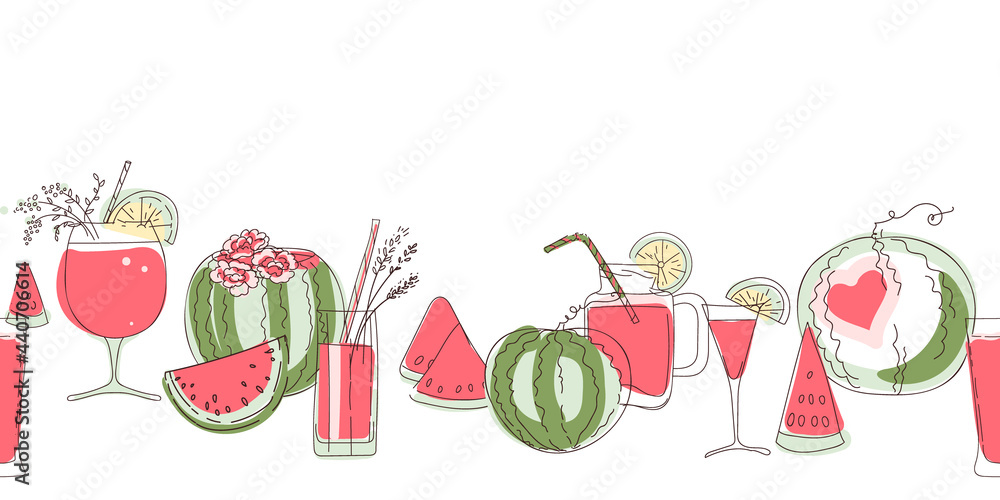 Seamless vector border. Soft drinks, watermelons and watermelon slices ...