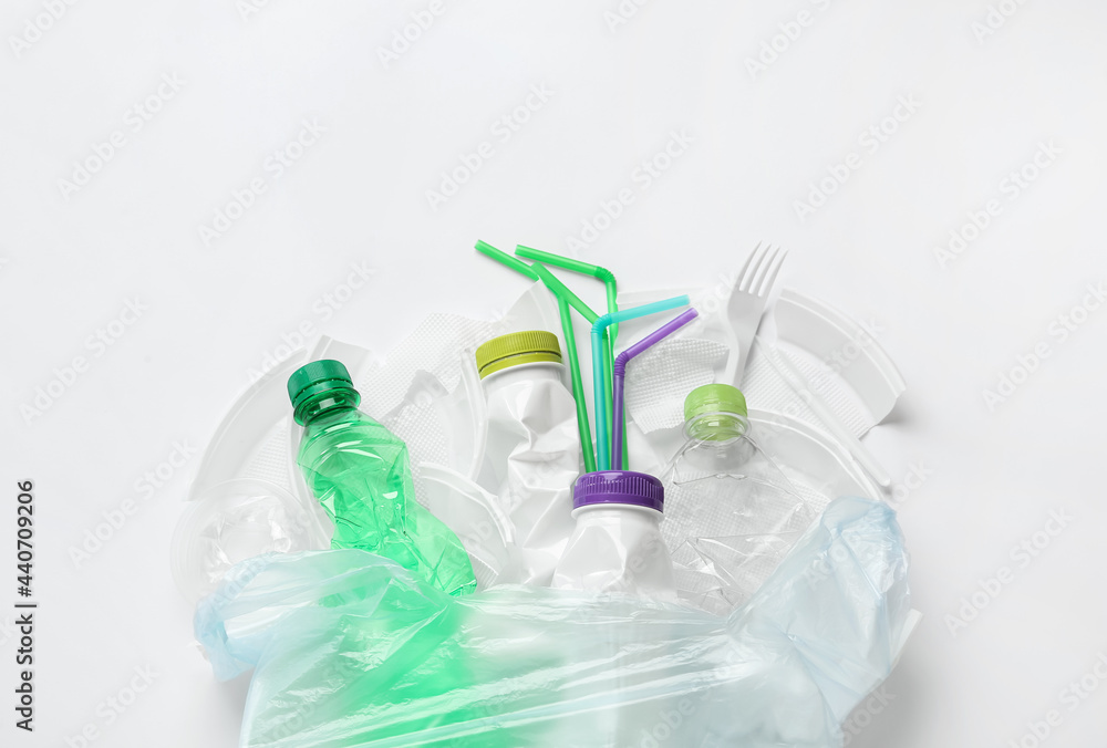 Pile of different plastic items on white background, flat lay Stock ...