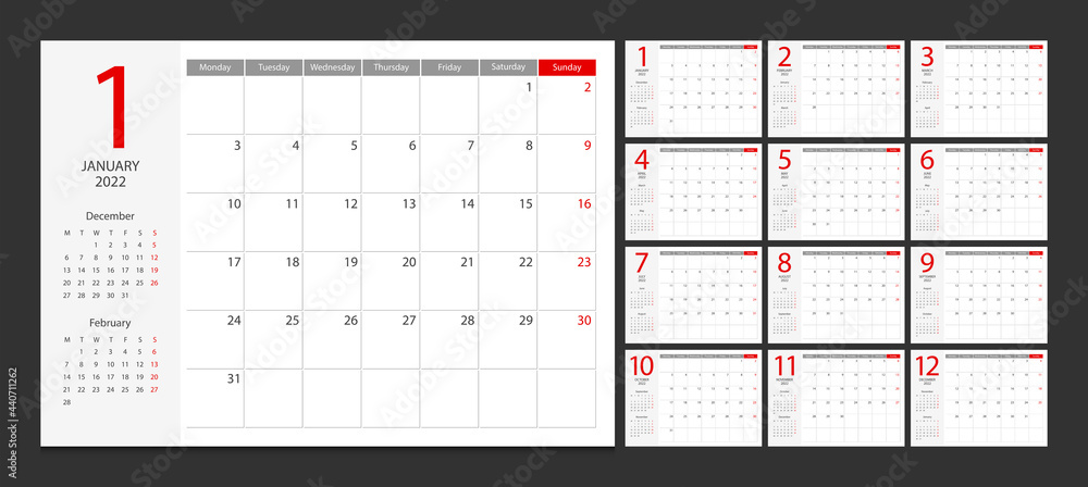 Calendar 2022 week start Monday corporate design planner template ...