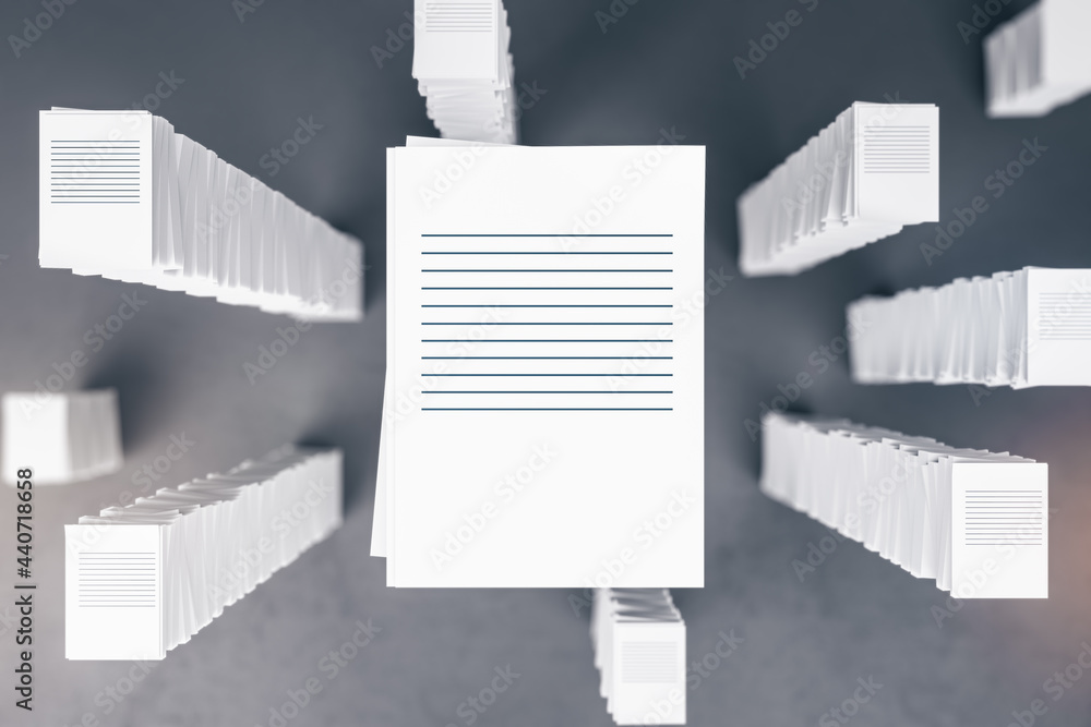 Top view of paperwork stack on concrete background. Workload and ...