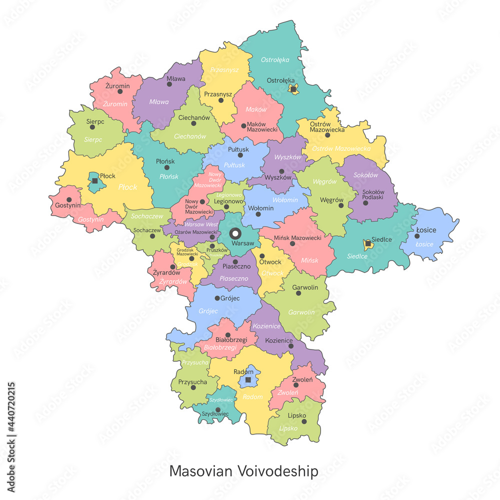 vector illustration: administrative map of Poland. Masovian Voivodeship ...