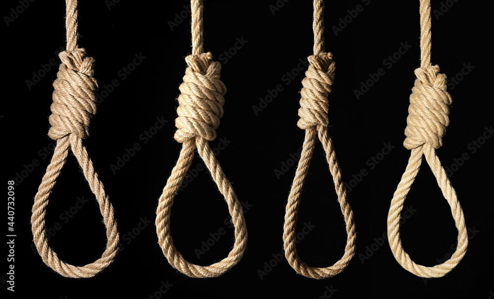 Rope nooses with knots on black background, collage Stock Photo | Adobe ...