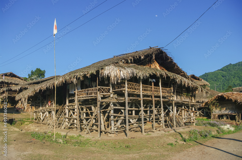 View of beautiful traditional Adi Galong or Galo tribal house on stilts ...
