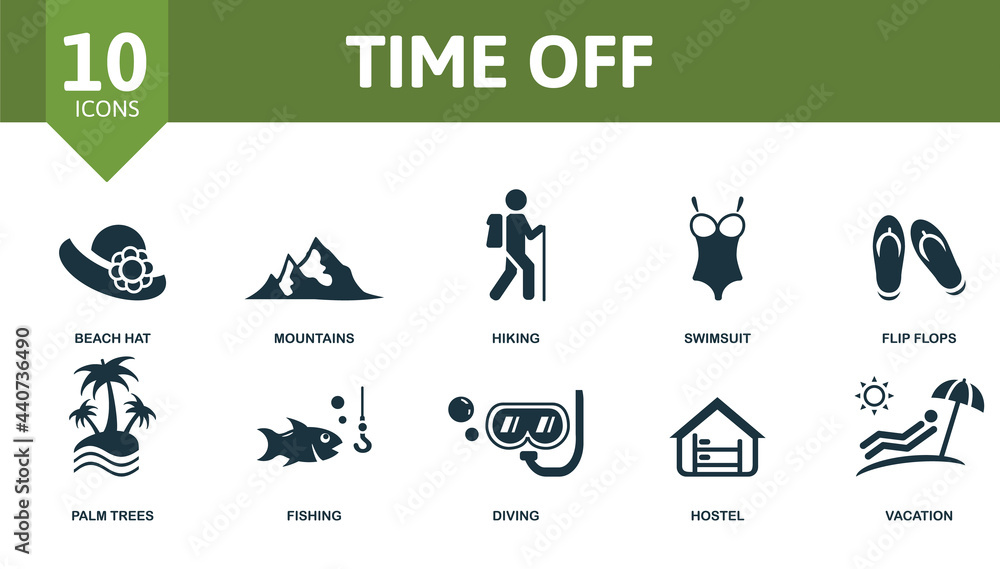 Time Off icon set. Contains editable icons vacation theme such as beach ...