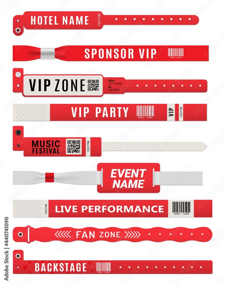 Wristband bracelets, event entrance pass mockup. Plastic tags, bands ...