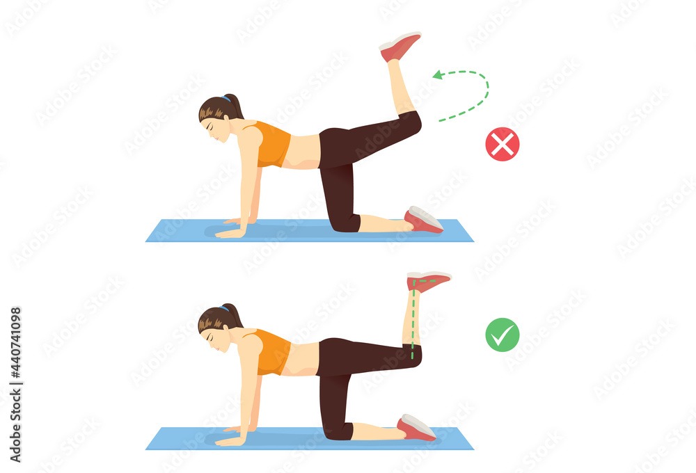 Vetor de How to doing the correct exercise in Donkey Kick pose with the ...