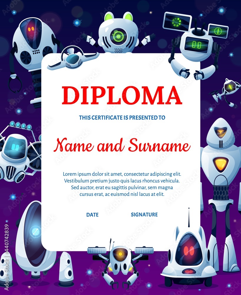 Cartoon robots, kids education diploma or achievement certificate ...