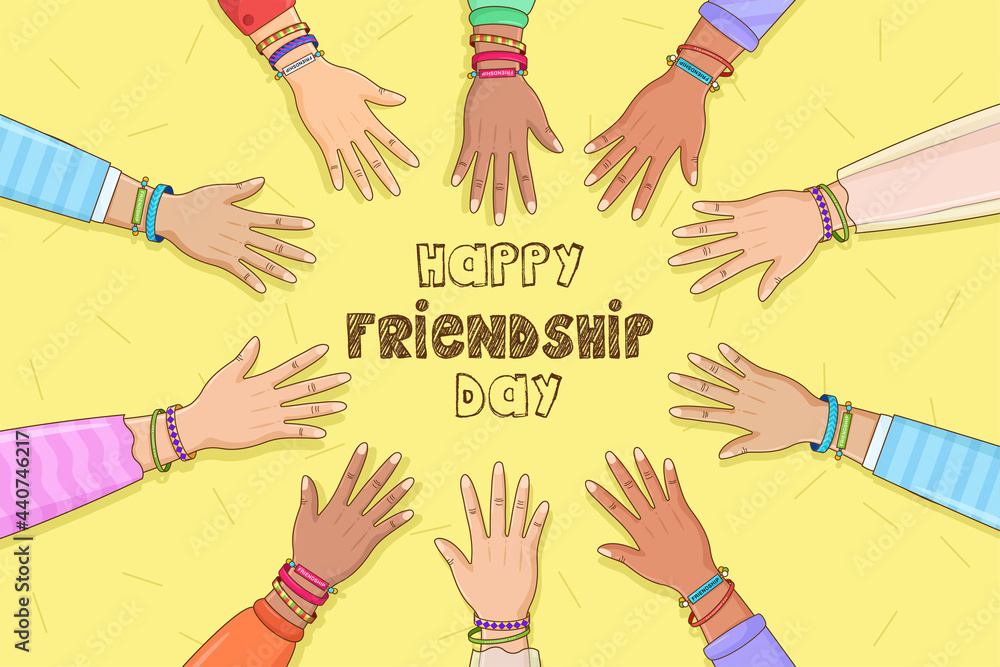 Happy Friendship Day Friends with stack of hands showing unity and ...