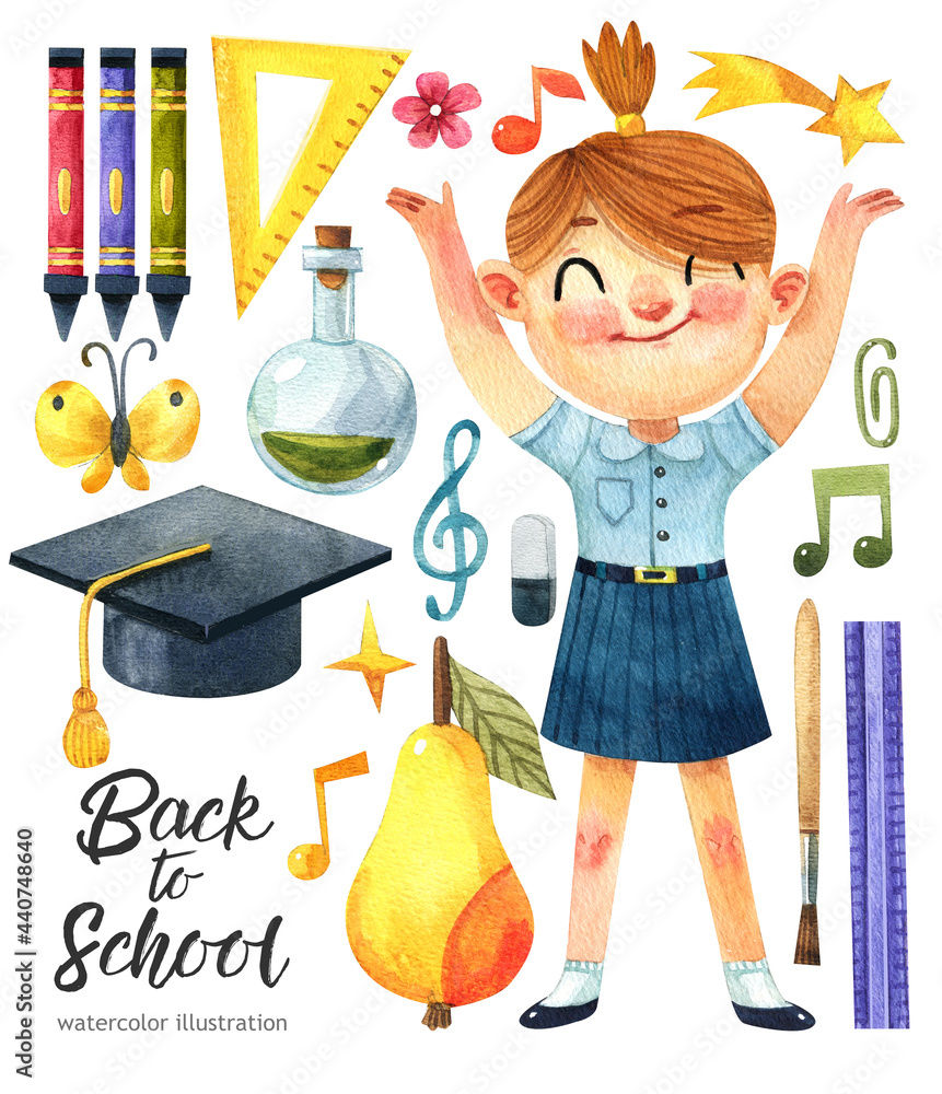 Welcome back to school, Cute watercolor school kid with school elements ...