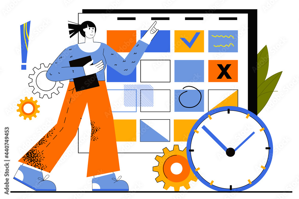 Business planning web concept. Employee develops job plan. Woman ...