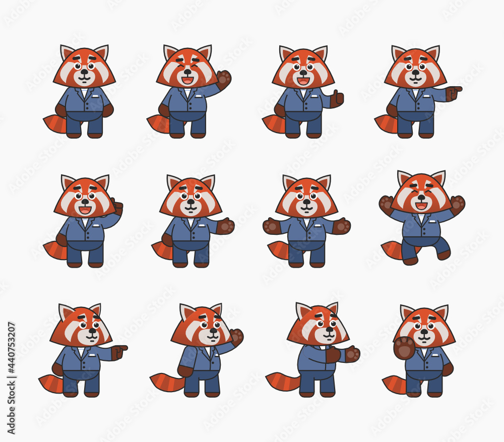 Set of red panda characters in business suit showing various hand ...