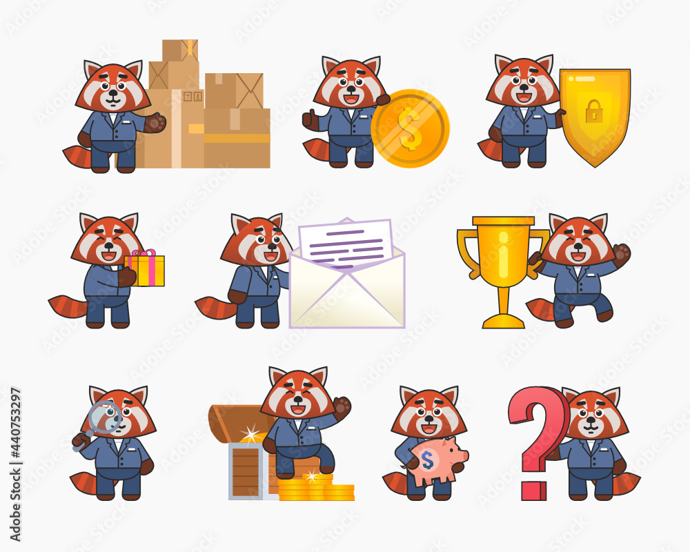 Set of red panda characters in business suit in various situations ...