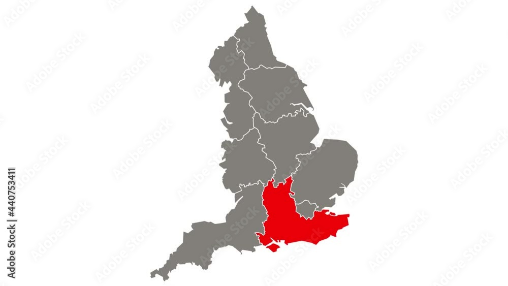 South East England region blinking red highlighted in map of England UK ...