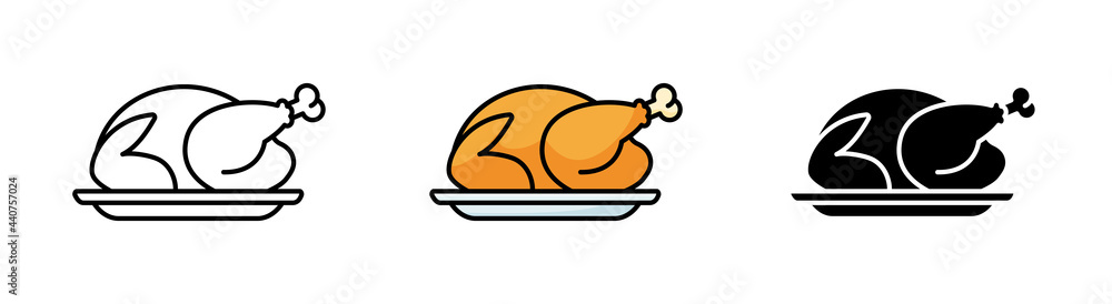 Simple icons of baked bird on platter. Outline, colorful and glyph ...