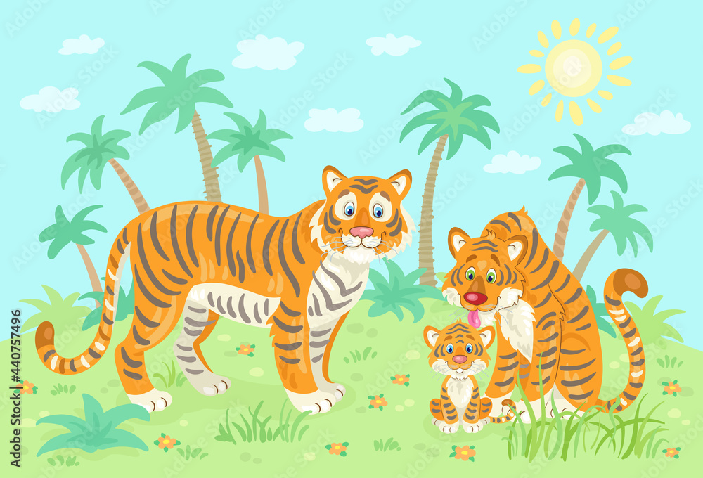 Happy family of tigers in nature. Two adult tigers with a cub in a clearing with palms, bushes ...
