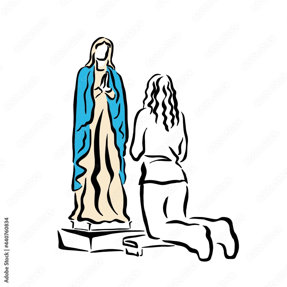 Mujer arrodillada en una iglesia rezándole a la Virgen María ...