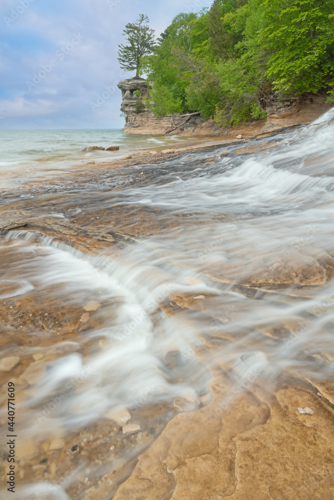 Spring landscape of Chapel Beach, Waterfall, and Rock, Lake Superior ...