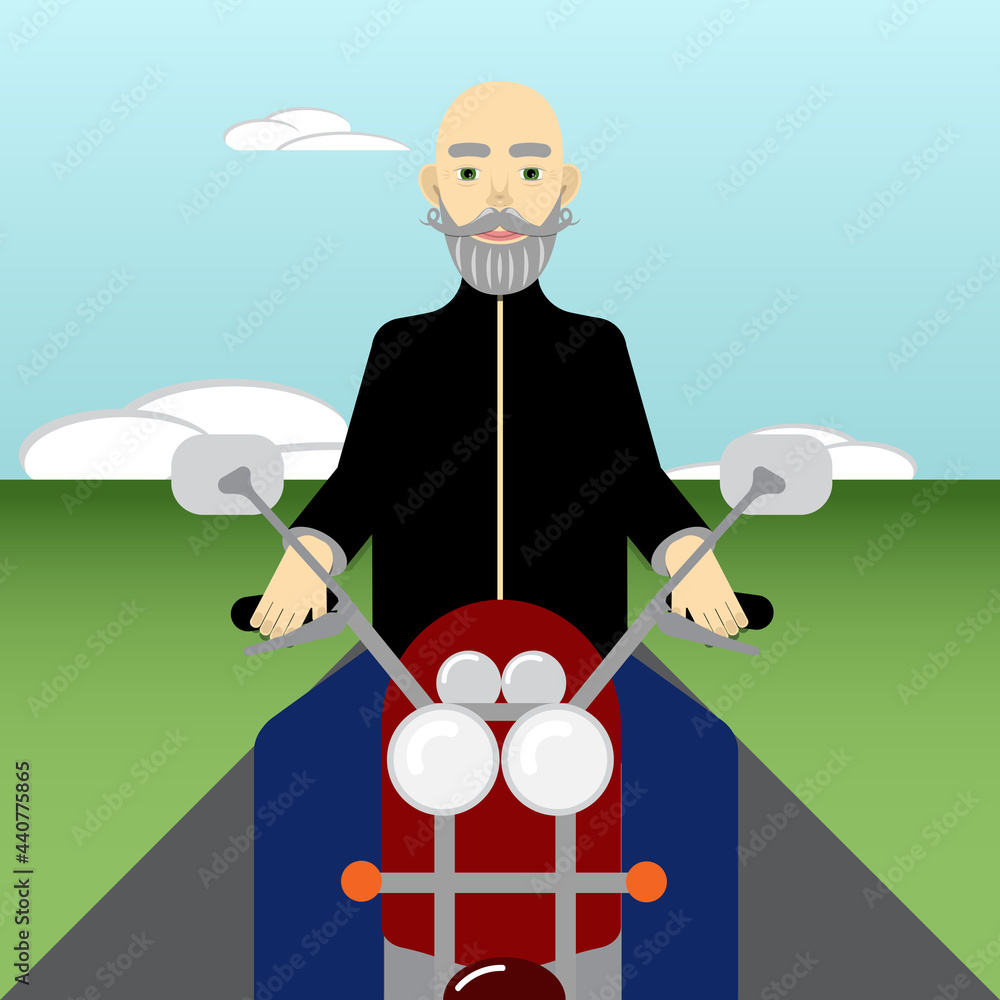 biker old man with mustache and beard bald brutal motorcycle cruiser ...