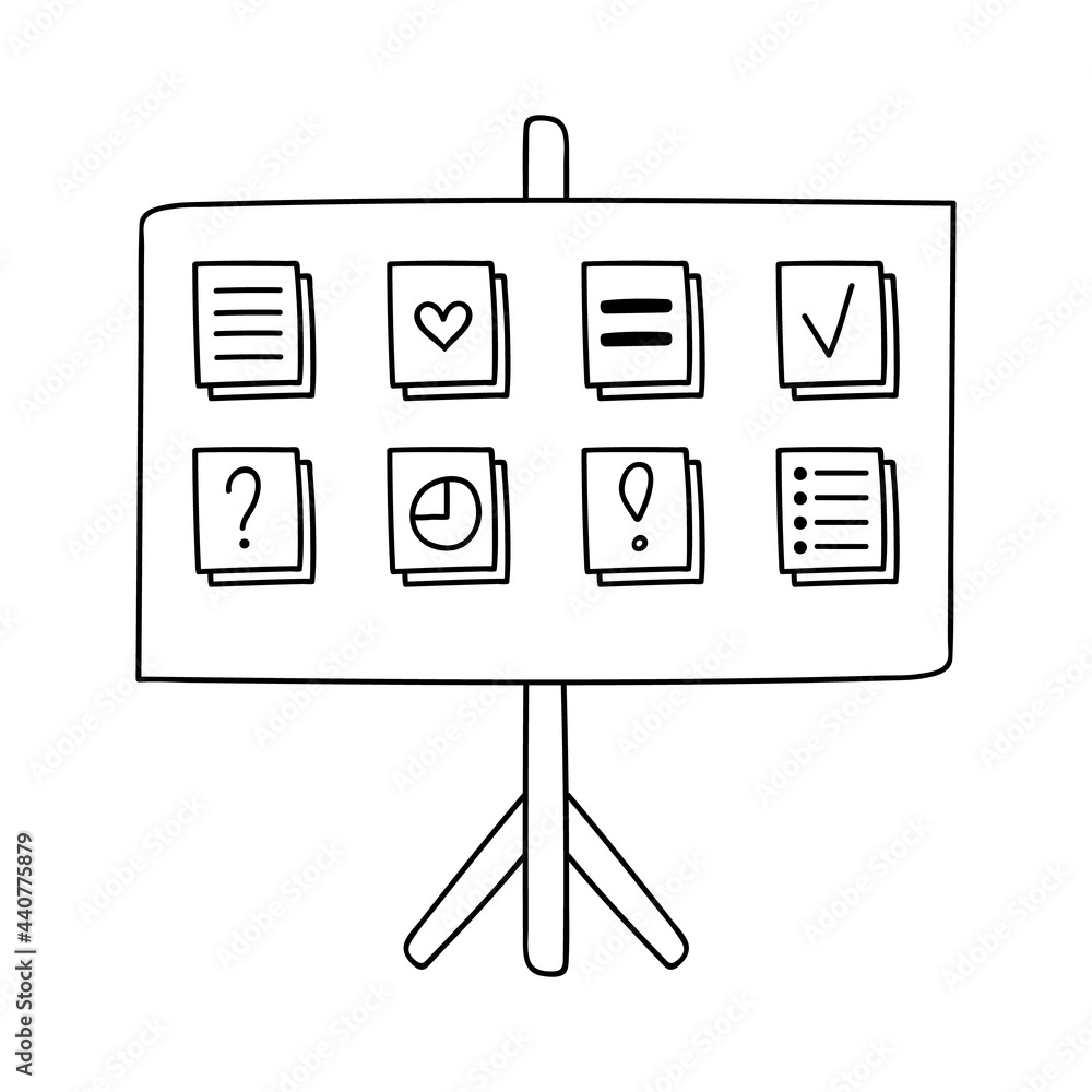 Cute hand drawn doodle of flipchart with lists, diagram, notes, plans ...