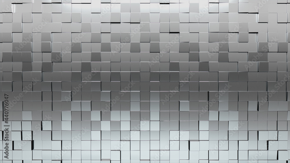 Glossy Tiles arranged to create a Square wall. 3D, Silver Background ...