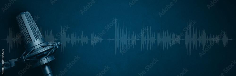 Podcast banner background with studio microphone and waveform on dark ...