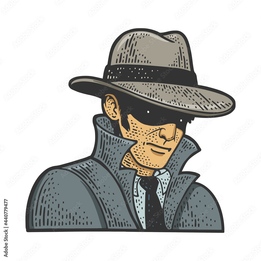 private detective with hat color line art sketch engraving vector ...