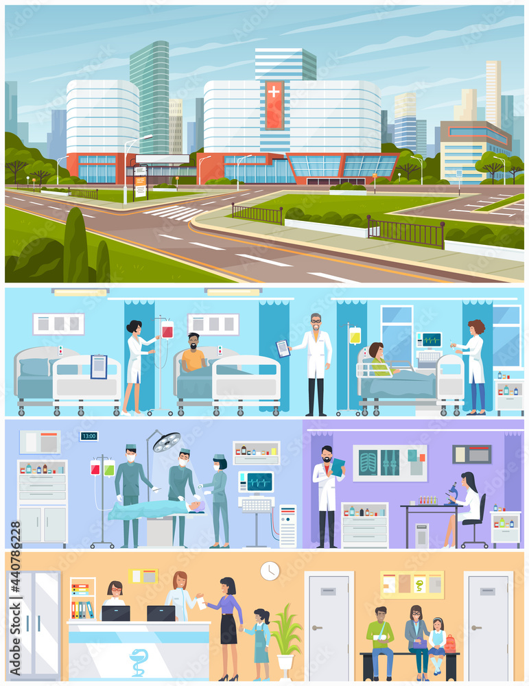 Modern hospital building, healthcare system with all departments ...