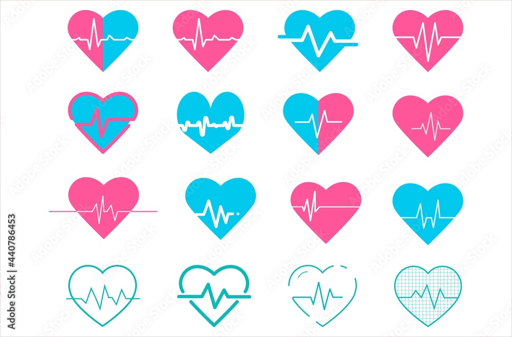 Pink and blue heart icon set with sign heartbeat. Love symbol ...