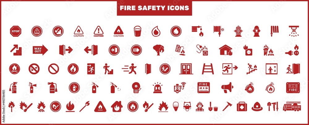 Set of fire safety signs or icons. Set of firefighting icons ...