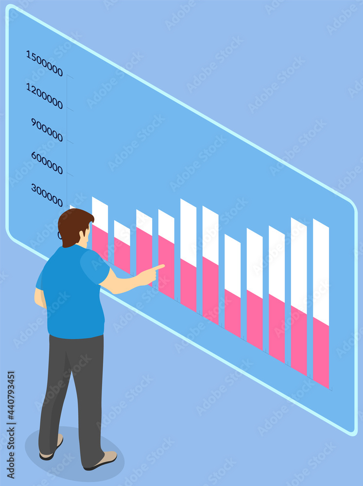 Man interacting with diagrams, analyzing statistics, infographic ...