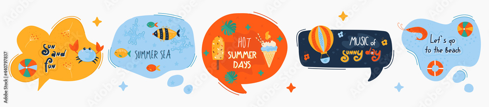 Doodle summer speech bubbles with colorful stickers. Stylized quote and ...