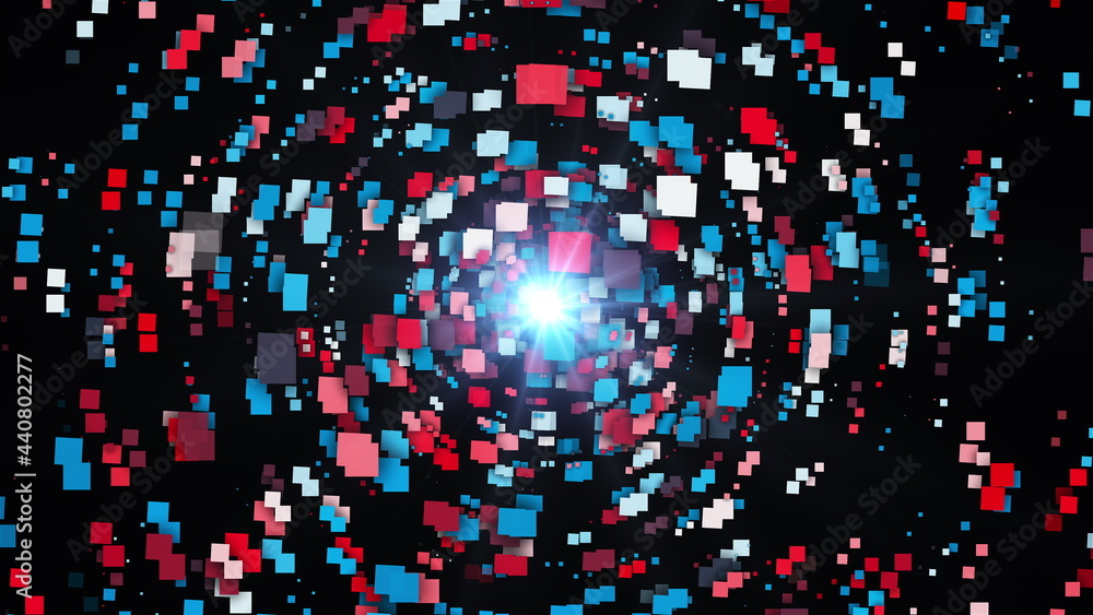 Geometric round dance 3d render of squares with bright light in center ...