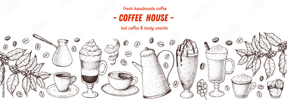 Coffee drink hand drawn collection. Sketch graphic elements for menu ...