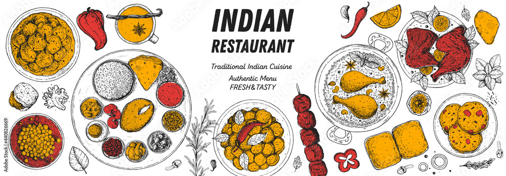 Indian food illustration. Hand drawn sketch. Indian cuisine. Vector ...