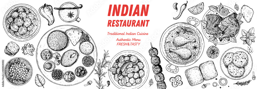 Indian food illustration. Hand drawn sketch. Indian cuisine. Vector ...