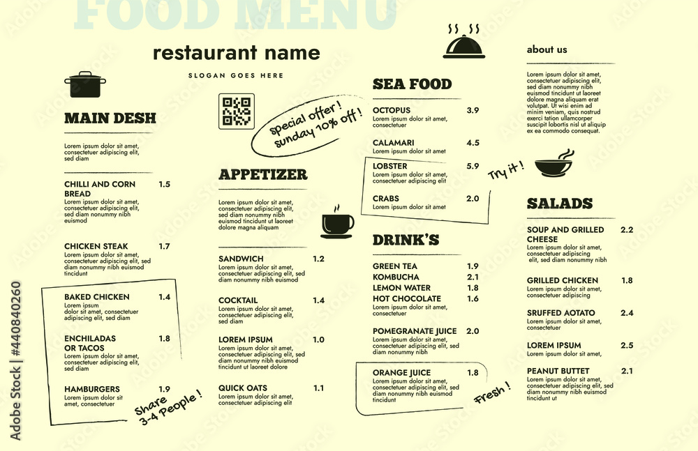 Restaurant cafe menu, template design. Single page food menu template ...