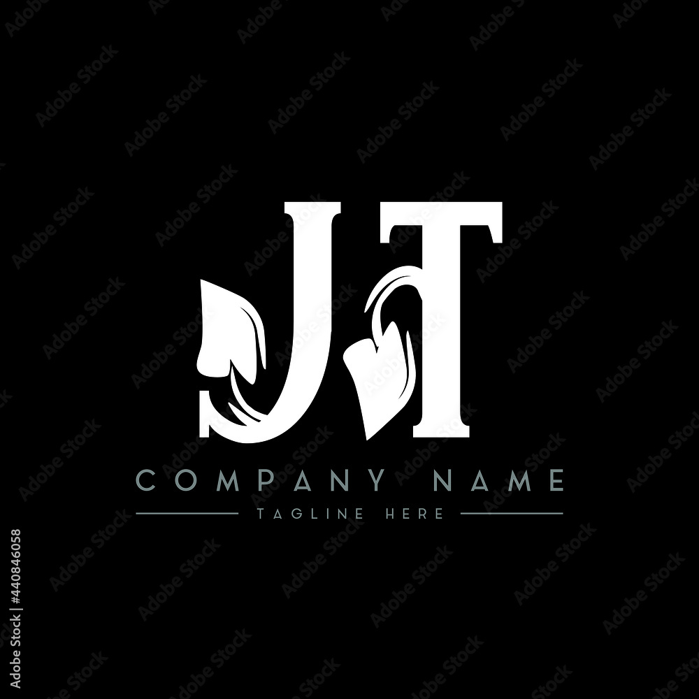 Vetor de JT letter logo design. JT letter with leaf shape. JT Creative two letter logo. Two ...