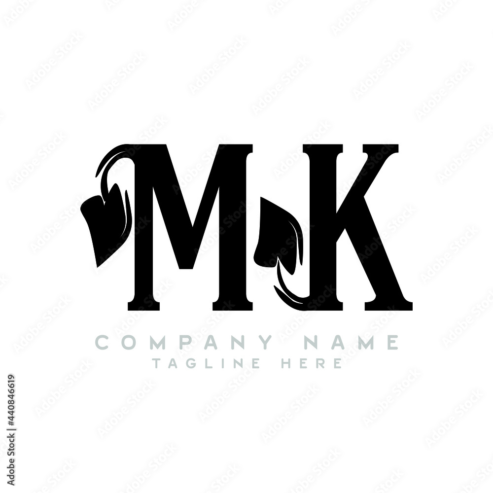 MK letter logo design. MK letter with leaf shape. MK Creative two ...