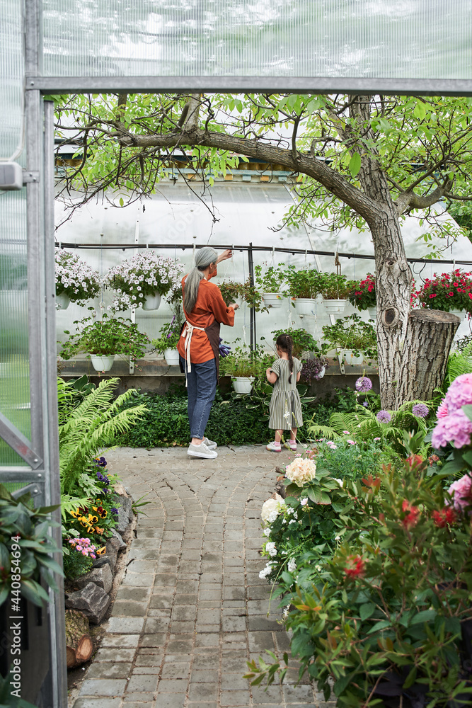 Gardener standing and looking at the plants with interest while working ...