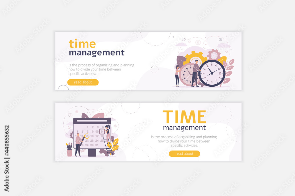 Web banner time management. People with clock and calendar. Vector ...