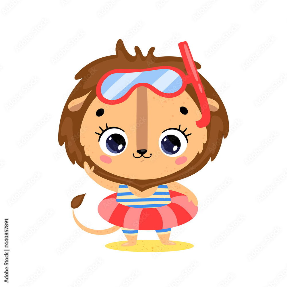 Vector flat illustration of cute cartoon summer lion with swimming ring ...