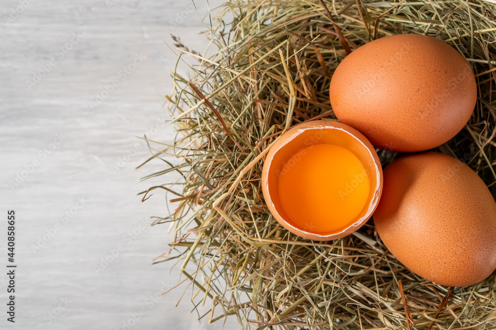 Closeup raw white brown organic fresh eggs shell with yolk from happy ...