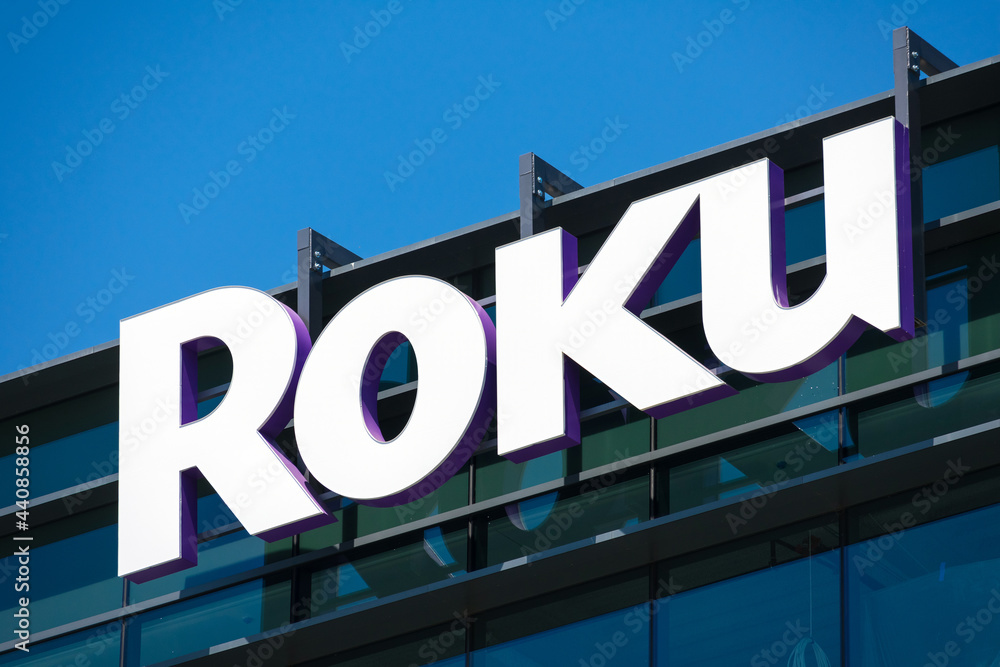 Roku sign and logo on facade of consumer electronics and broadcast ...