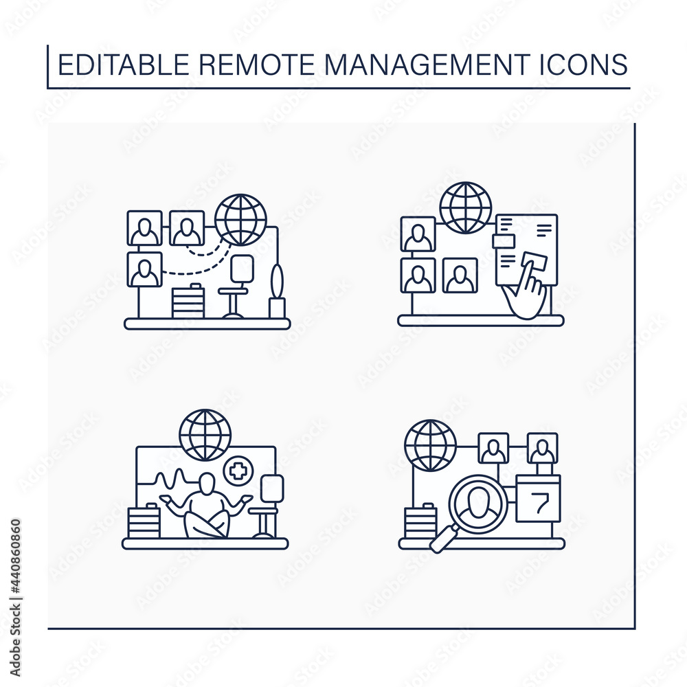 Remote command management line icons set. Virtual office, interactive ...