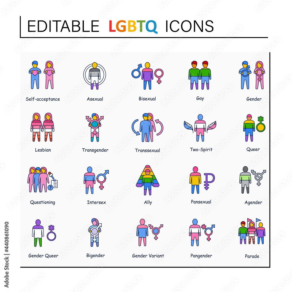 LGBTQ collections line icons. Consists of bisexual, intersex, and ally ...