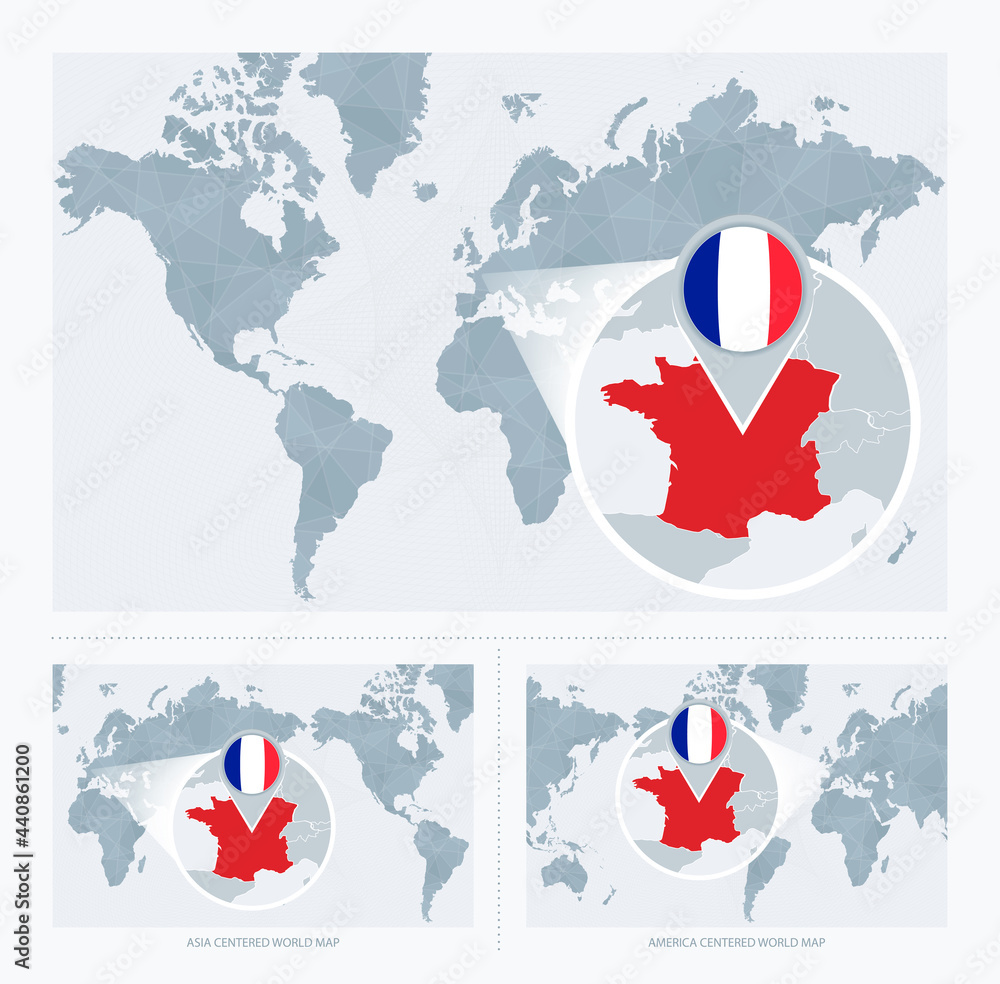 Magnified France over Map of the World, 3 versions of the World Map ...